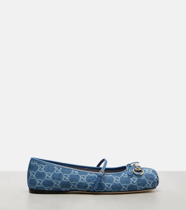 Gucci Horsebit Gg Denim Ballet Flats - Blue