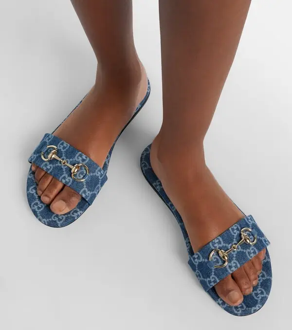 Gucci Horsebit Gg Denim Slides - Blue