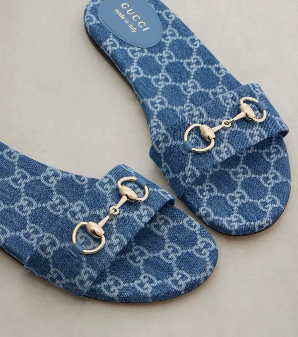 Gucci Horsebit Gg Denim Slides - Blue