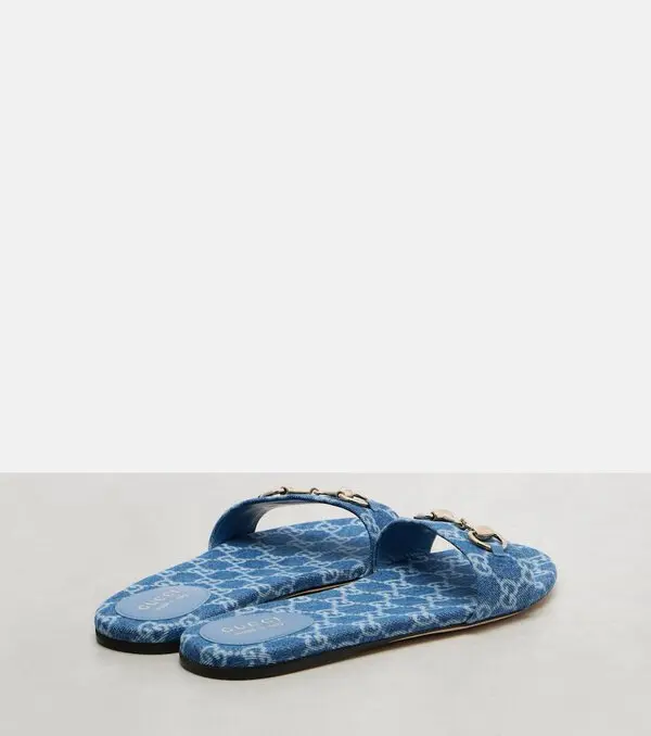 Gucci Horsebit Gg Denim Slides - Blue