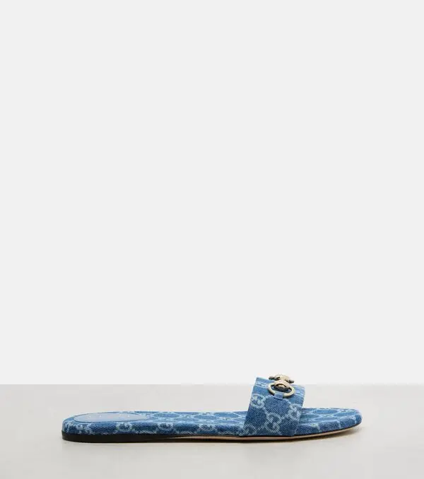 Gucci Horsebit Gg Denim Slides - Blue