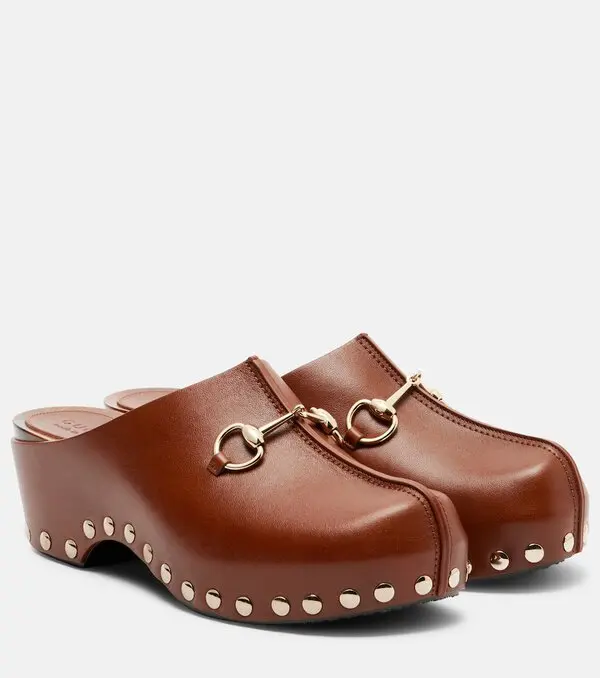 Gucci Horsebit Studded Leather Platform Clogs - Brown