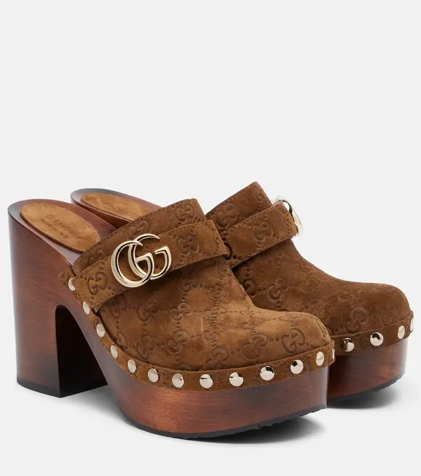 Gucci Double G Suede Clogs - Brown