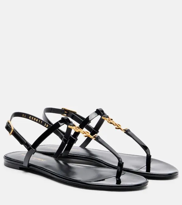 Saint Laurent Cassandre Patent Leather Thong Sandals - Black