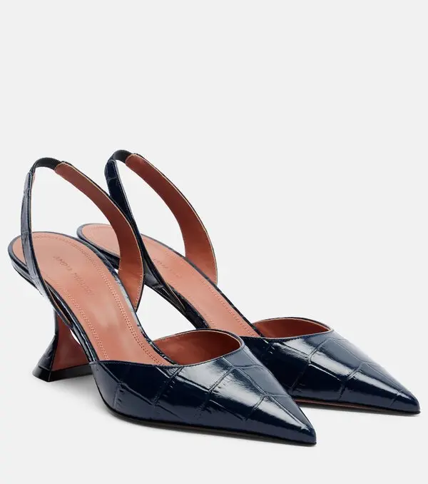 Amina Muaddi Holli Croc-effect Leather Slingback Pumps - Blue