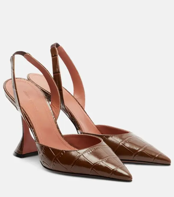 Amina Muaddi Holli Croc-effect Leather Slingback Pumps - Brown