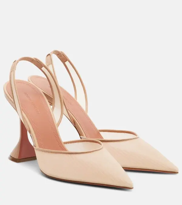 Amina Muaddi Holli Mesh Slingback Pumps - Beige