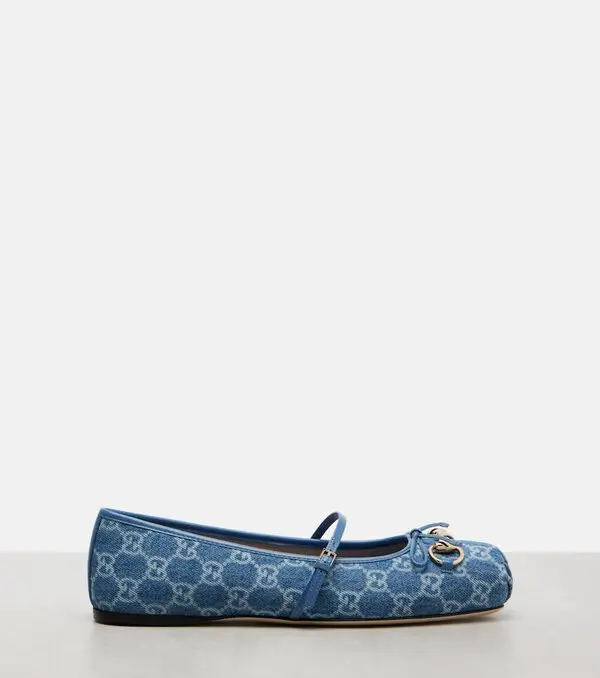 Gucci Horsebit Gg Denim Ballet Flats - Blue