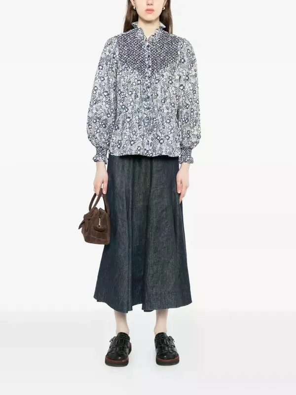 Loretta Caponi Smocked Floral Blouse