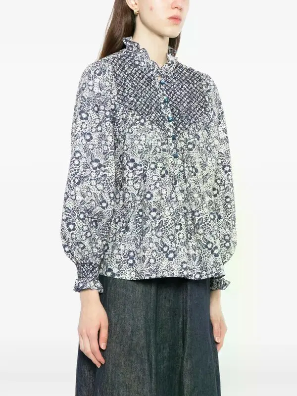 Loretta Caponi Smocked Floral Blouse