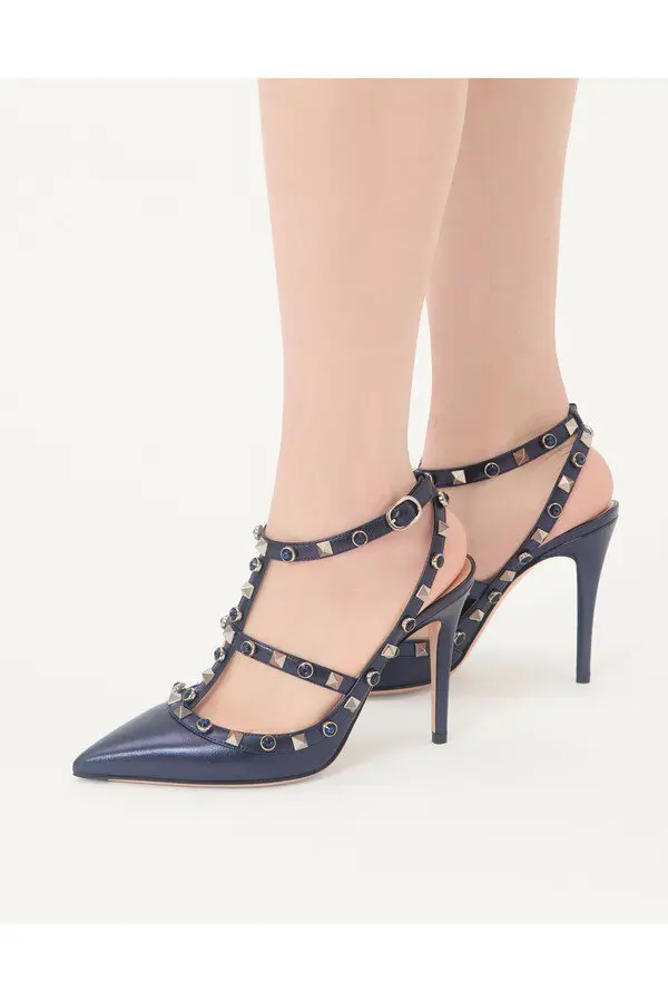 Valentino Garavani Rockstud Pumps In Laminated Nappa With Cabochon 100mm - Navy