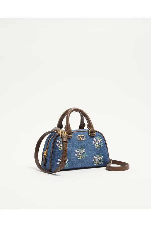 Valentino Garavani Vlogo Signature Mini Top-handle Bag With Floral Embroidery - Denim