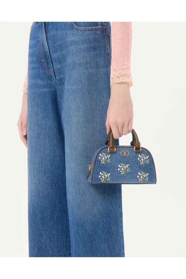 Valentino Garavani Vlogo Signature Mini Top-handle Bag With Floral Embroidery - Denim