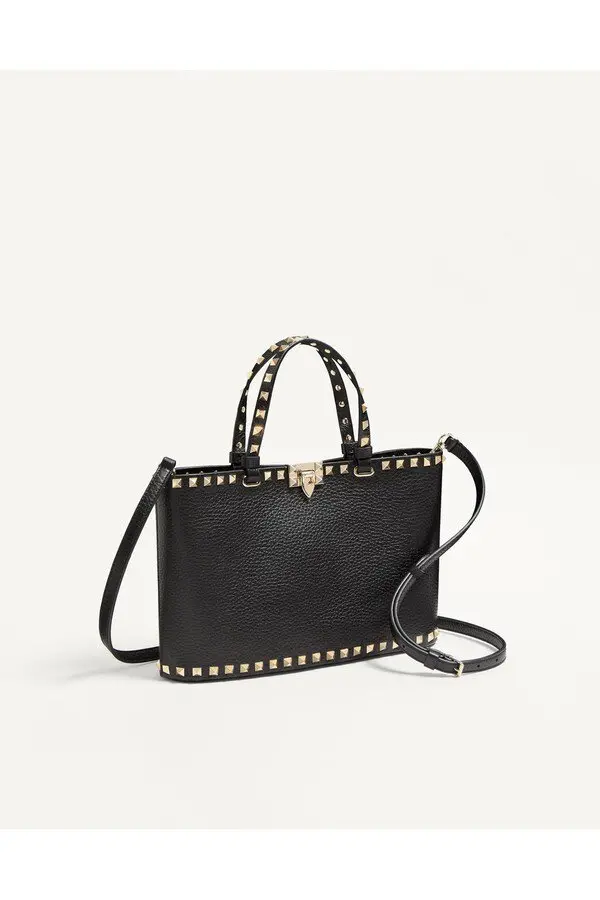 Valentino Garavani Rockstud Small Shopping Bag In Grainy Calfskin - Black