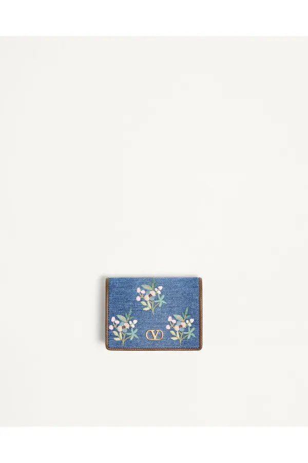 Valentino Garavani Vlogo Signature Wallet In With Floral Embroidery - Denim