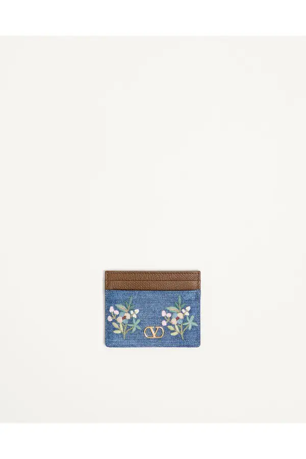 Valentino Garavani Vlogo Signature Card Holder In With Floral Embroidery - Denim