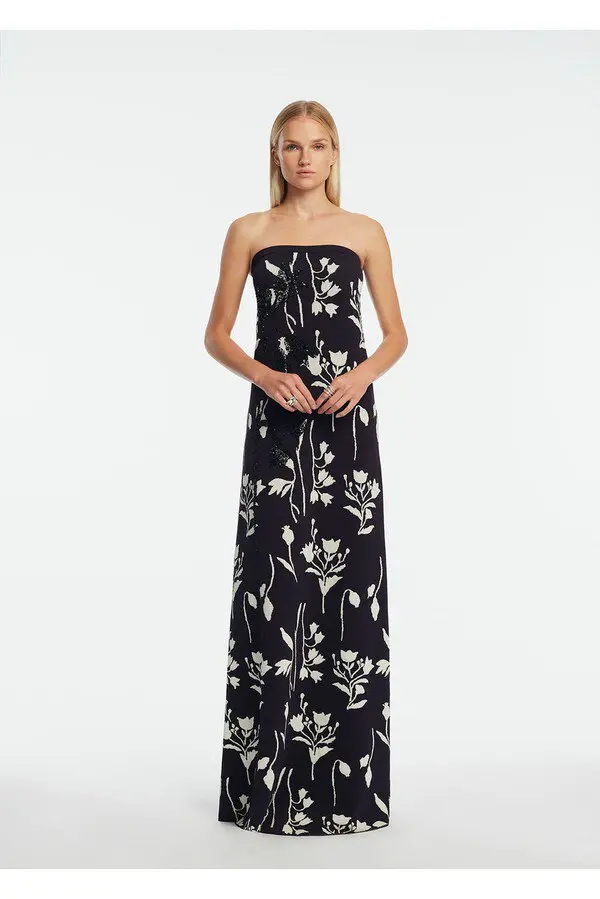 Lela Rose Floral Jacquard Knit Beaded Strapless Dress - Navy / Blue
