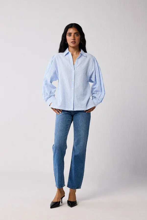 REISTOR Striped Organic Cotton Shirt With Balloon Sleeves