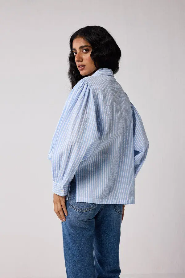 REISTOR Striped Organic Cotton Shirt With Balloon Sleeves