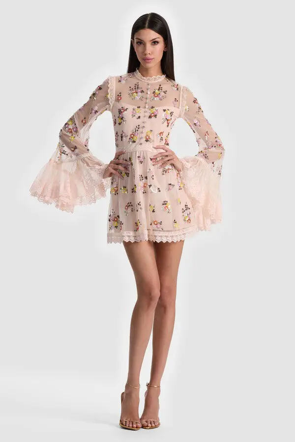 Alice + Olivia Allegra Embellished Lace Mini Dress - Pink