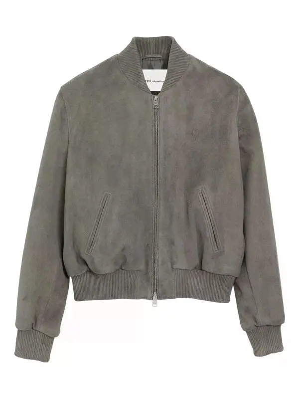 AMI Paris Goat Suede Bomber Jacket With De Coeur Logo - Grey