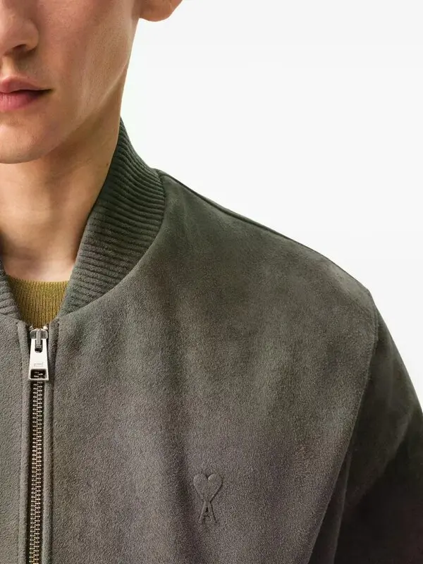 AMI Paris Goat Suede Bomber Jacket With De Coeur Logo - Grey