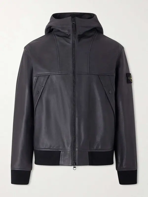 Stone Island Logo-appliquéd Padded Full-grain Leather Hooded Jacket - Black