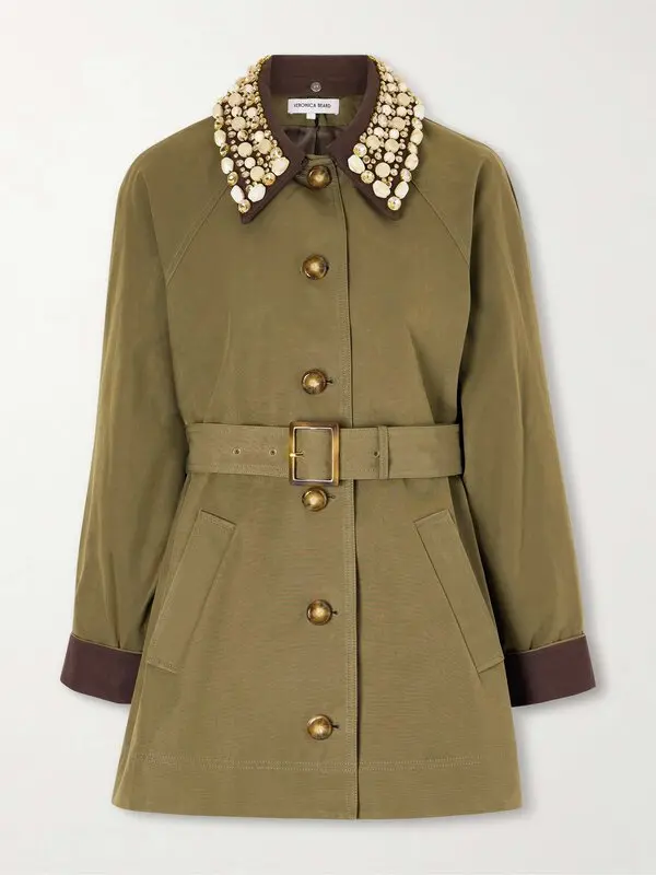 Veronica Beard Langham Dickey Embellished Canvas-trimmed Woven Coat - Army Green