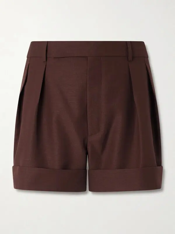 Saint Laurent Straight-leg Pleated Wool And Mohair-blend Shorts - Brown