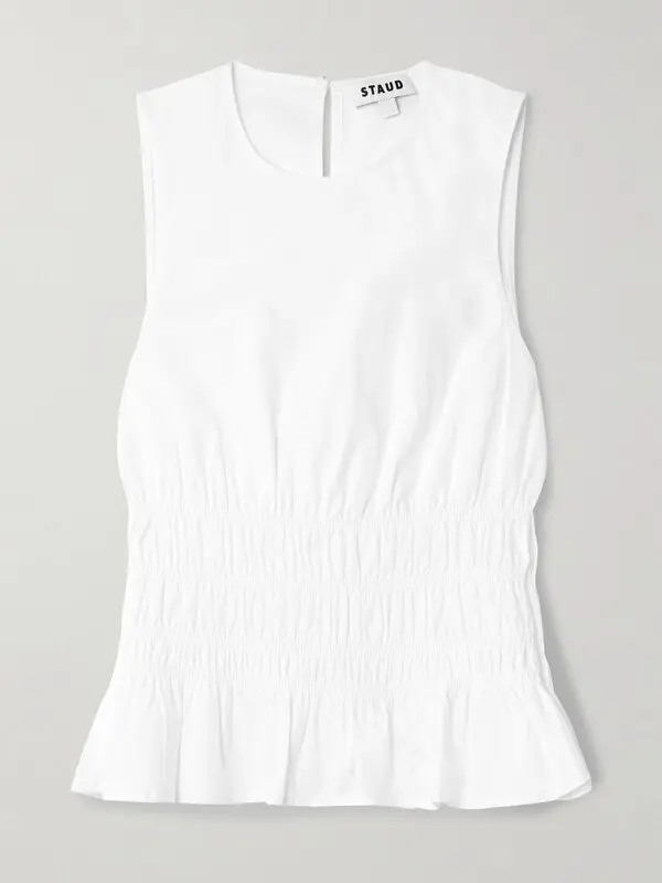 Staud Culver Shirred Peplum Top - White