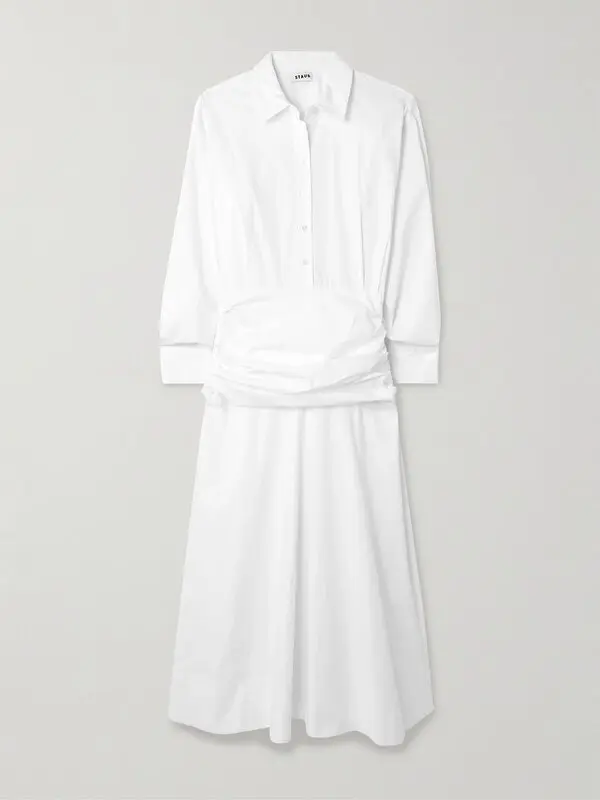 Staud Indya Gathered Cotton-blend Poplin Midi Shirt Dress - White