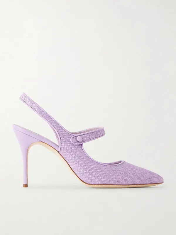 Manolo Blahnik Camparisli 90 Leather-trimmed Raffia Mary Jane Slingback Pumps - Purple