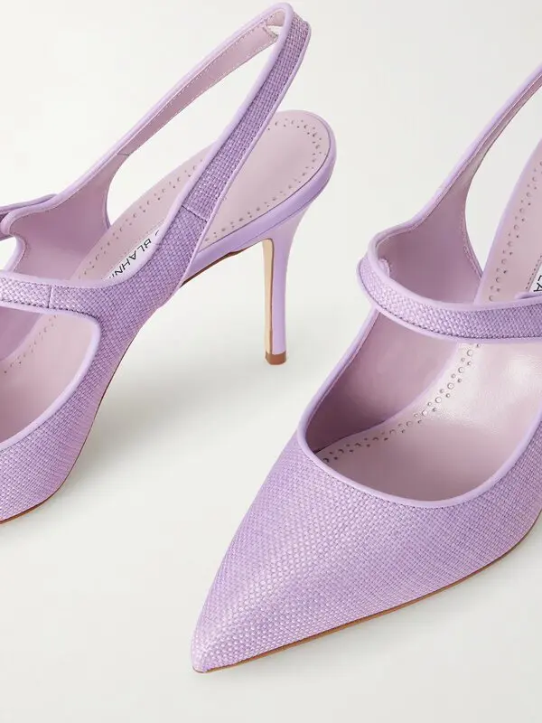 Manolo Blahnik Camparisli 90 Leather-trimmed Raffia Mary Jane Slingback Pumps - Purple