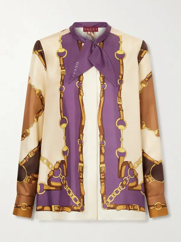 Gucci Tie-detailed Printed Silk Shirt - Brown
