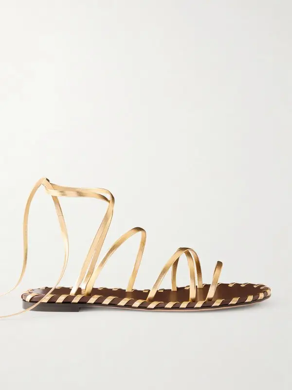 GIANVITO ROSSI Lace-up Metallic Leather Sandals - Gold