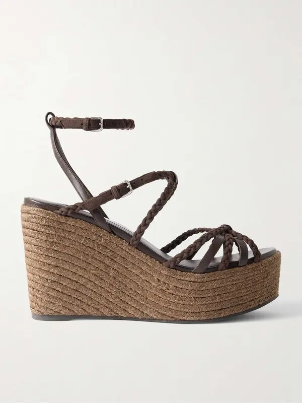 JIMMY CHOO Nyra 110 Braided Suede And Leather Espadrille Wedge Sandals - Chocolate
