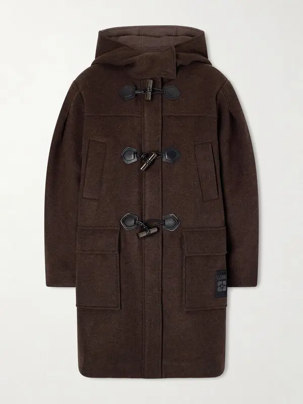 GANNI Hooded Wool-blend Duffle Coat - Brown