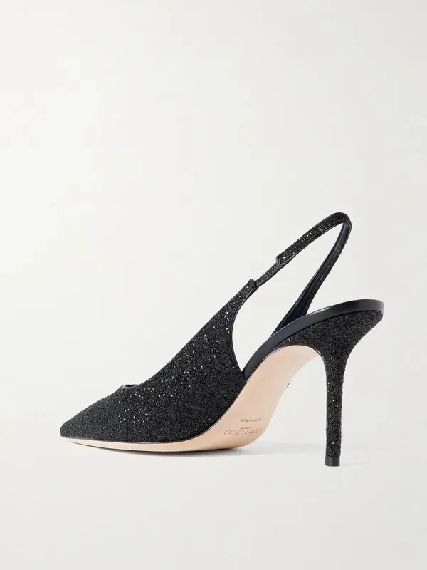 JIMMY CHOO Love 85 Glittered Leather Slingback Pumps - Black