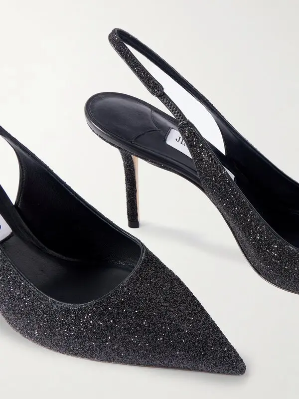 JIMMY CHOO Love 85 Glittered Leather Slingback Pumps - Black
