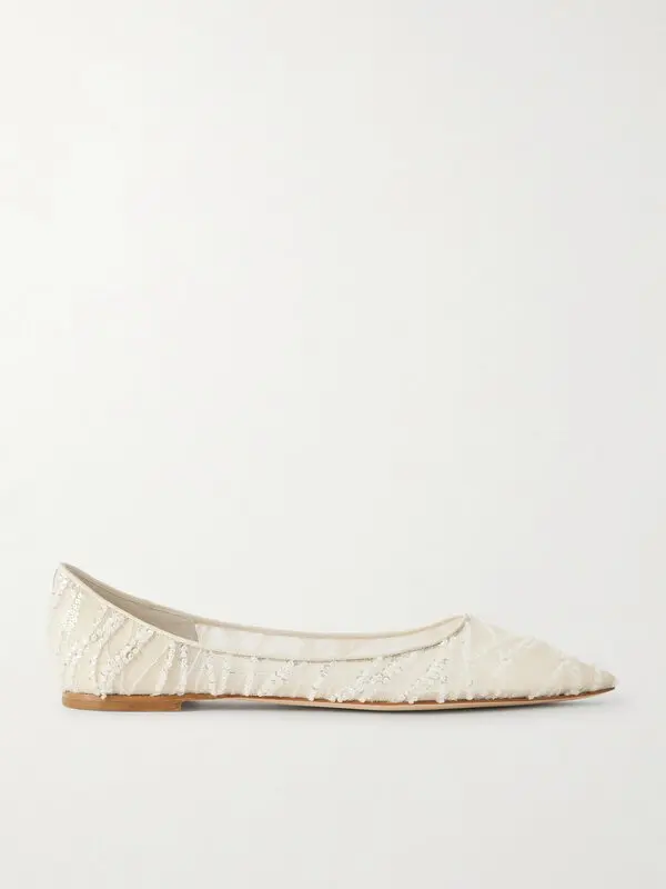 JIMMY CHOO Love Embellished Mesh Ballet Flats - Neutrals