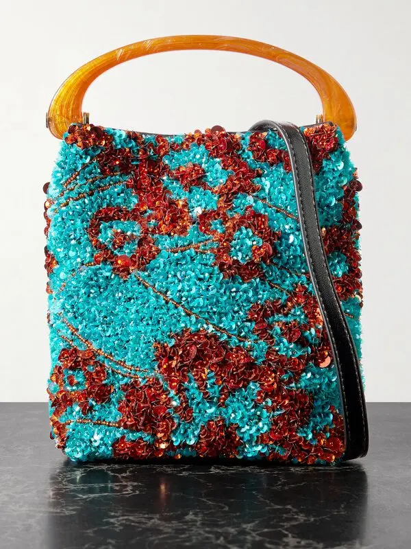 Dries Van Noten Leather-trimmed Embellished Shoulder Bag - Blue