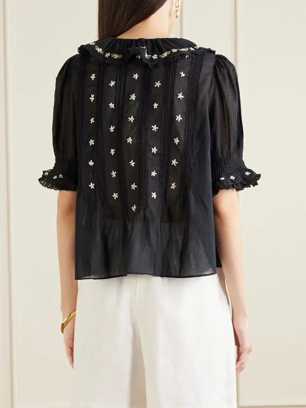 DÔEN Hettie Lace-trimmed Embroidered Organic Cotton-voile Blouse - Black