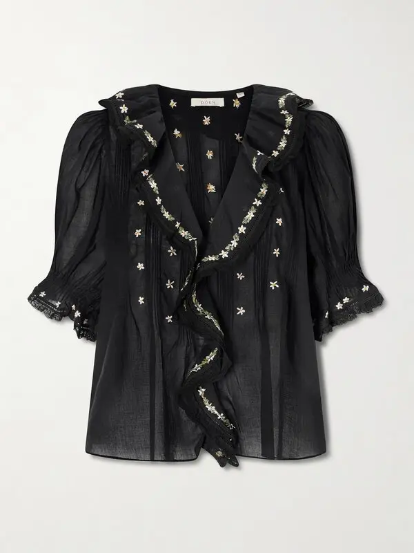 DÔEN Hettie Lace-trimmed Embroidered Organic Cotton-voile Blouse - Black