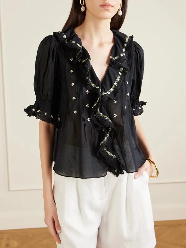 DÔEN Hettie Lace-trimmed Embroidered Organic Cotton-voile Blouse - Black
