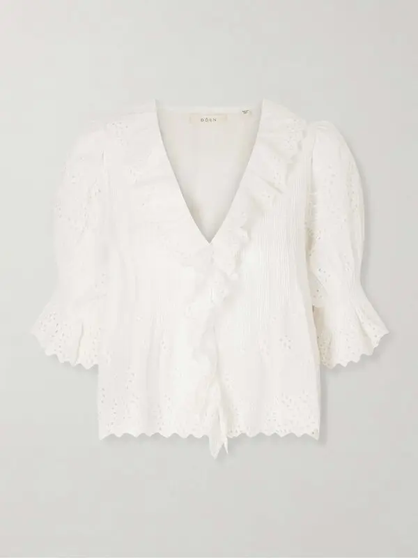 DÔEN Henri Ruffled Pintucked Broderie Anglaise Cotton Top - White