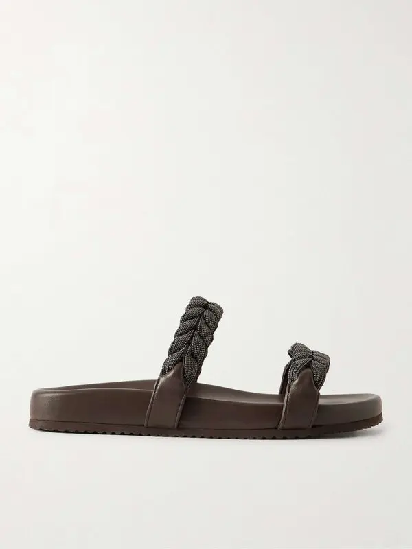 Brunello Cucinelli Bead-embellished Leather Sandals - Dark Brown
