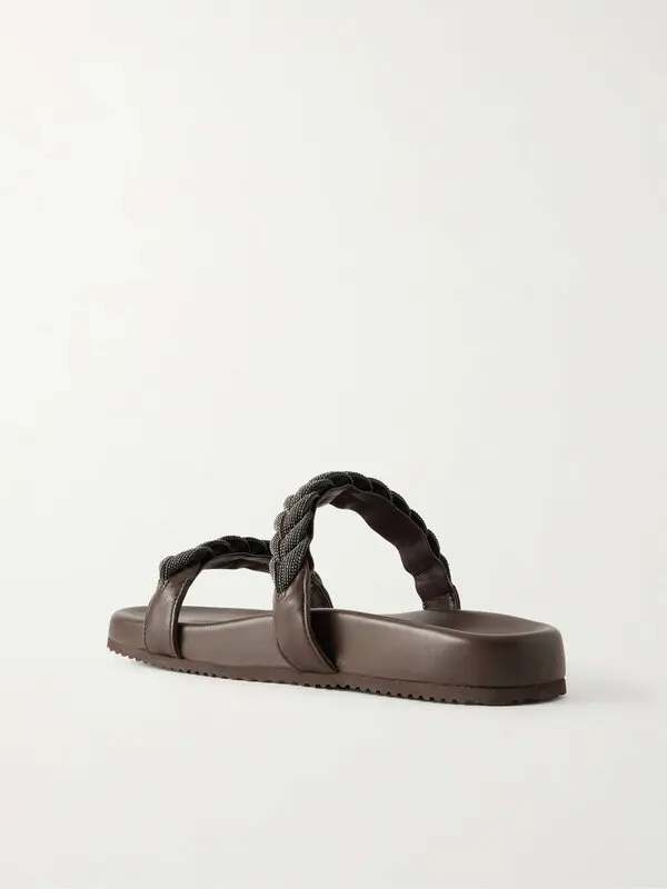 Brunello Cucinelli Bead-embellished Leather Sandals - Dark Brown