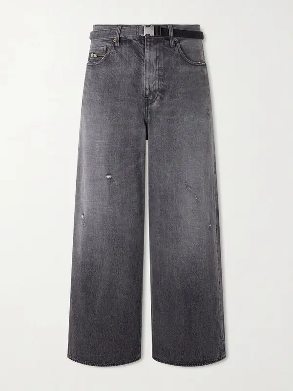Sacai Beyondexx Wide-leg Belted Distressed Jeans - Gray