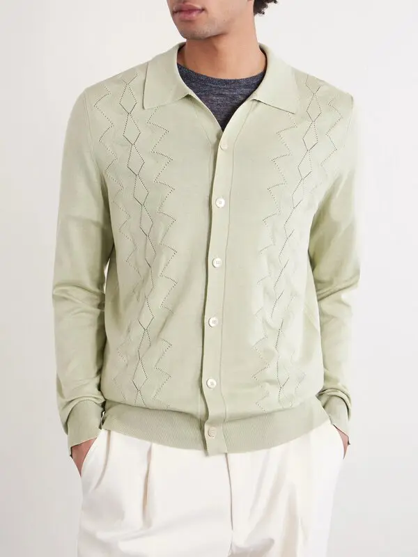 PIACENZA CASHMERE 1733 Pointelle-knit Silk And Cotton-blend Cardigan - Green