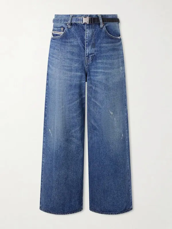 Sacai Wide-leg Belted Distressed Jeans - Blue